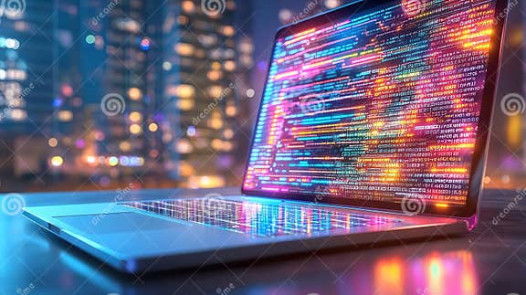 Laptop Displaying Vibrant Coding with City Lights in the Background ...