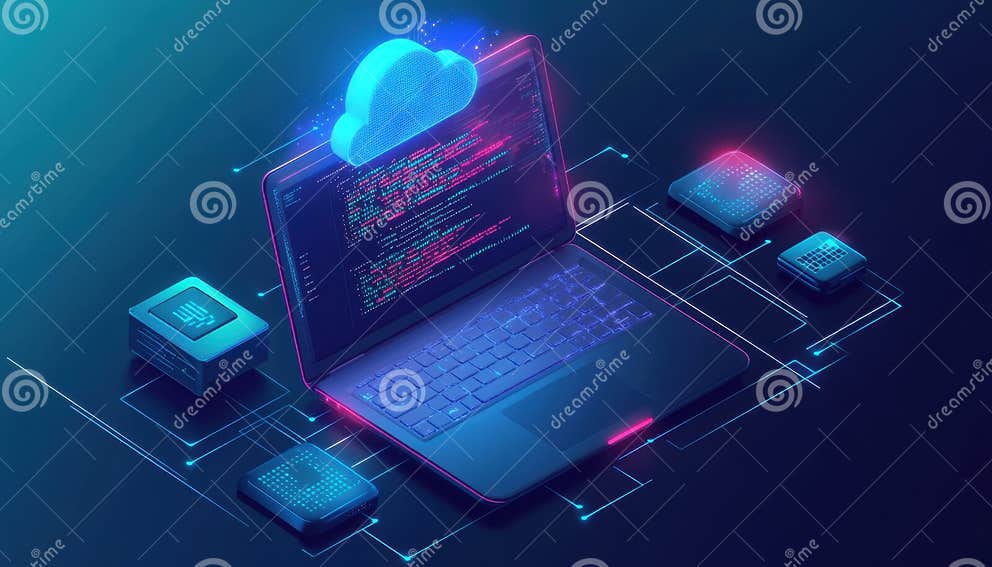 Digital Laptop with Coding and Cloud Computing Elements in a Futuristic Design Stock Photo ...