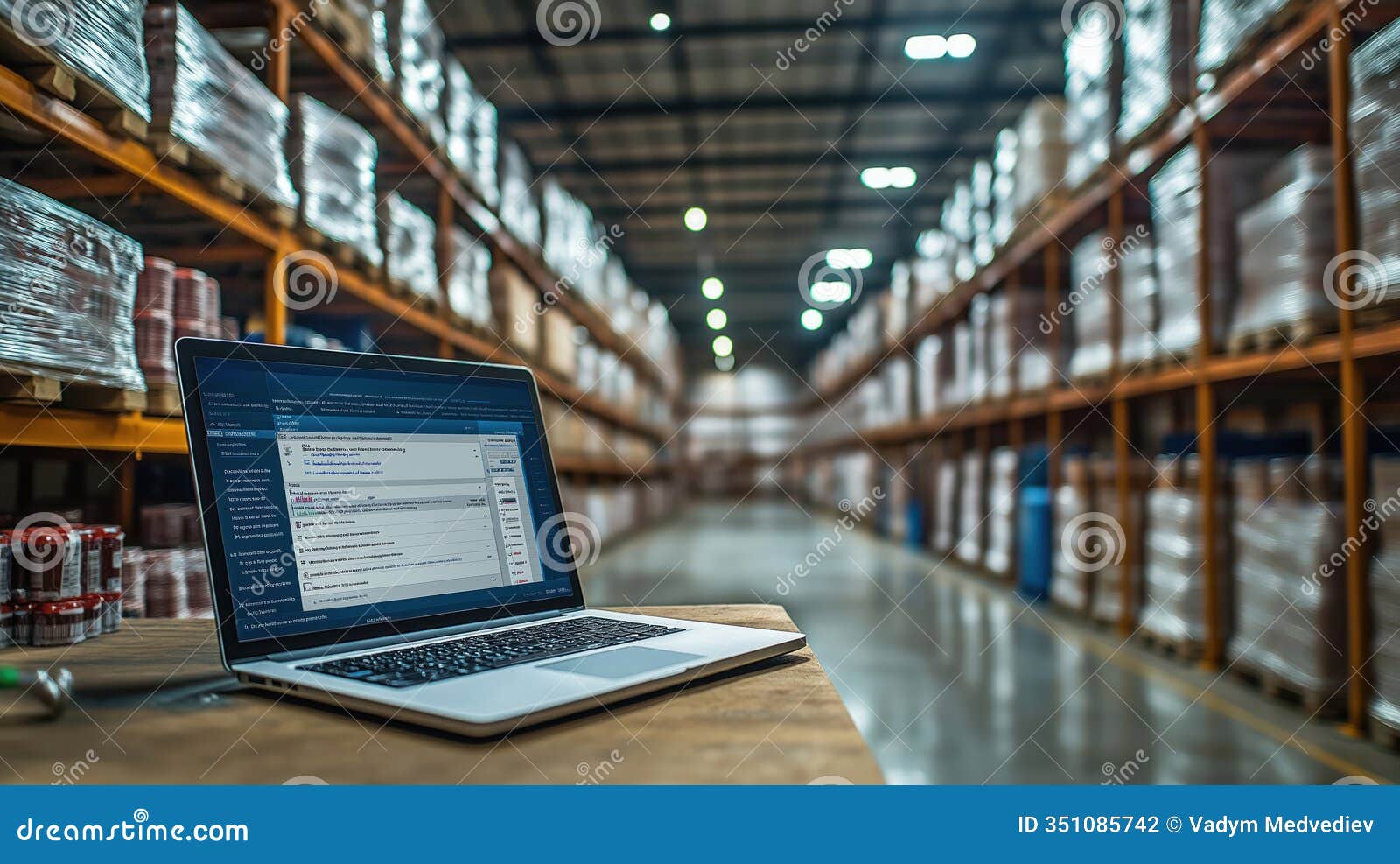 Laptop Displays Inventory Management Software. Warehouse Shelves Filled ...