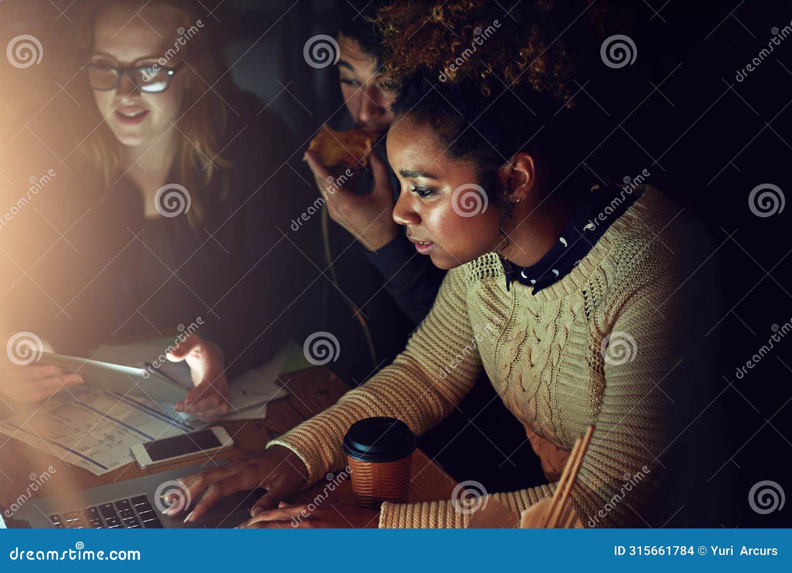 Laptop, Diversity Collaboration or Night People Programming ERP Software, Cyber Security System ...