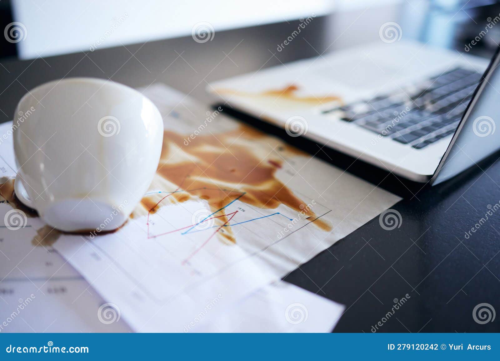 Laptop, Documents and Coffee Spill, Mistake or Accident in Empty Office ...