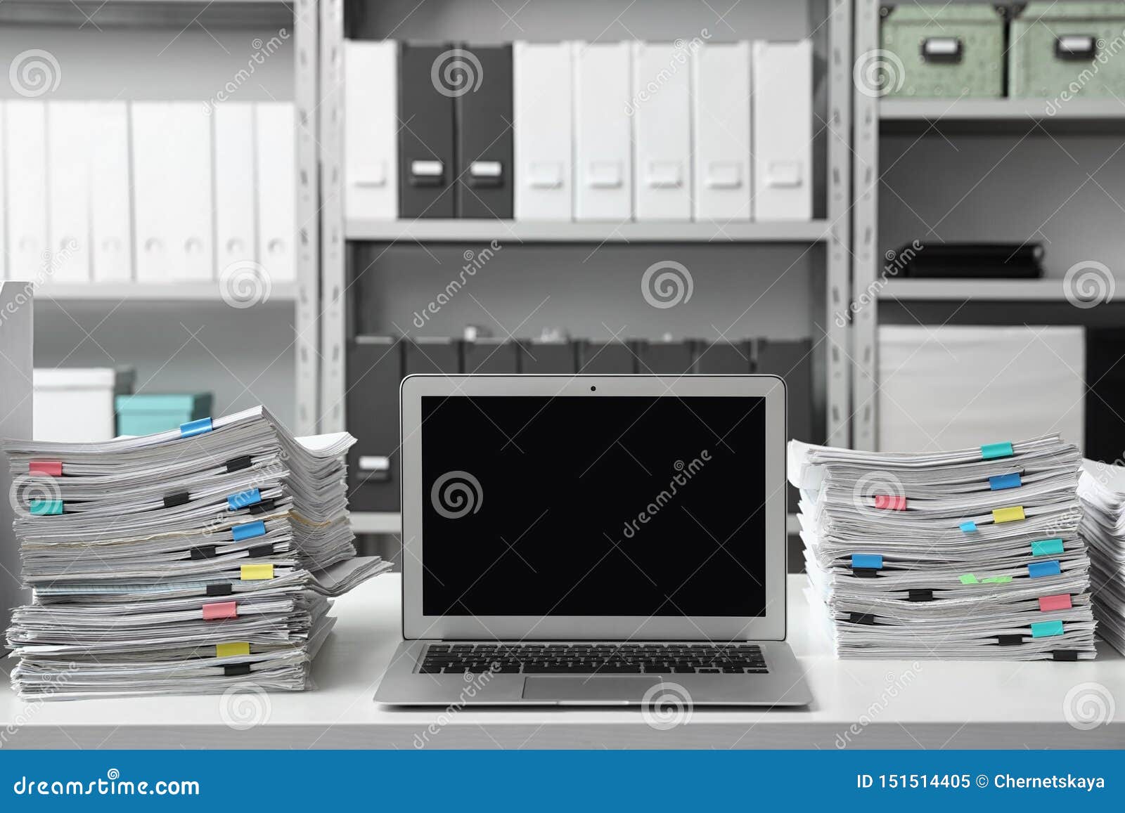 Laptop and Documents on Desk in Office Stock Image - Image of office ...
