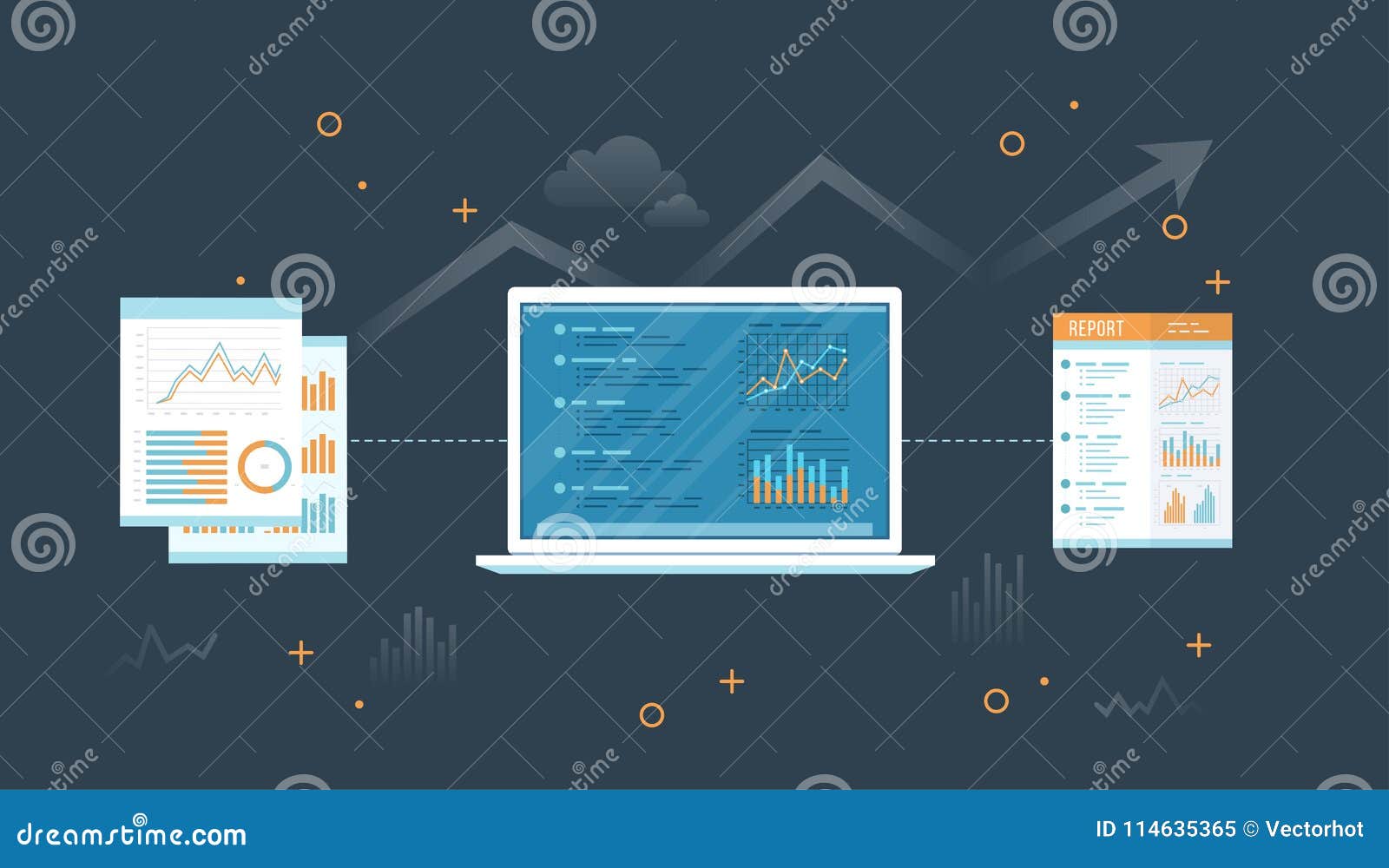 Laptop with Documents and Report. Information with Graphs and Graphs on ...