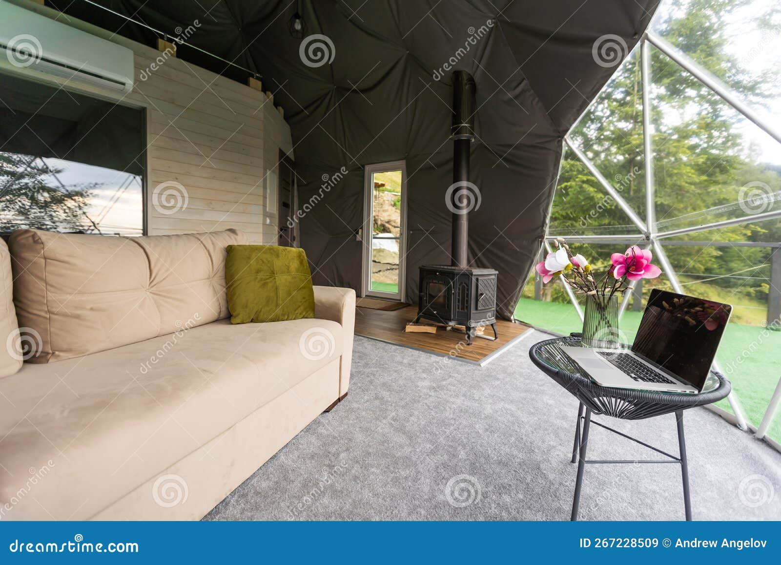Laptop in the dome camping stock image. Image of activity - 267228509