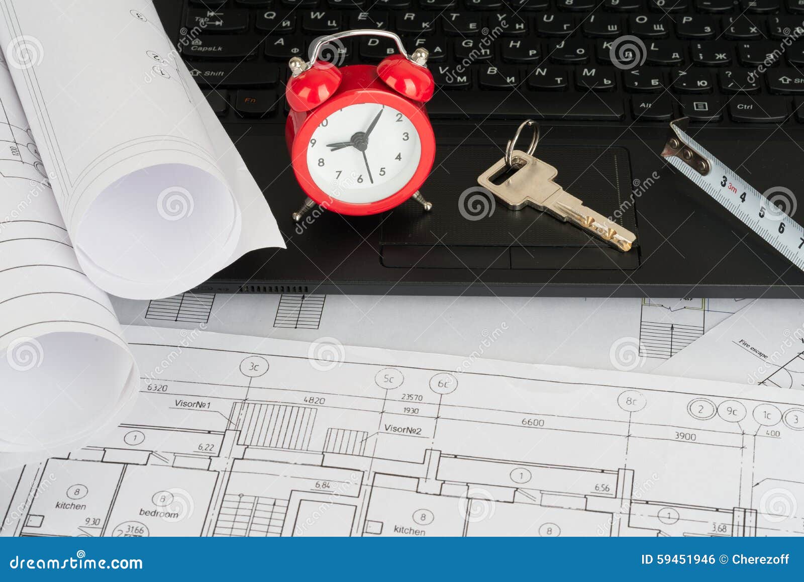 Laptop with Drafts and Alarm Clock Stock Photo - Image of computer ...