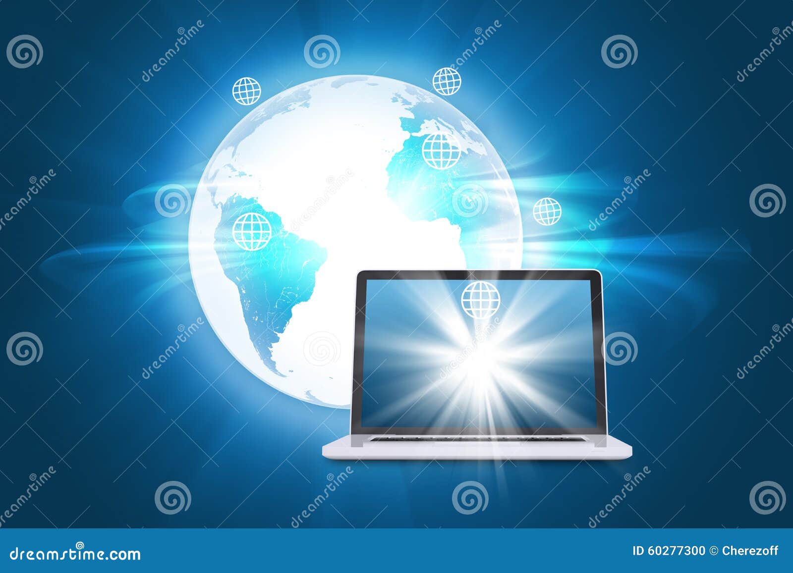 Laptop with Earth Globe and Symbols Stock Illustration - Illustration ...