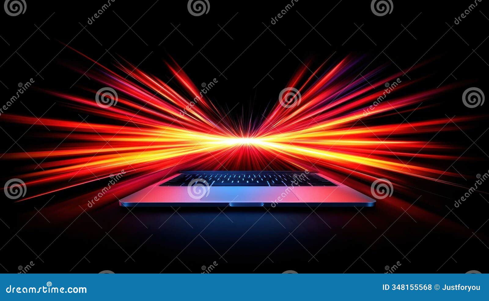 Laptop Emitting Dynamic Light Beams on Black Background Stock ...