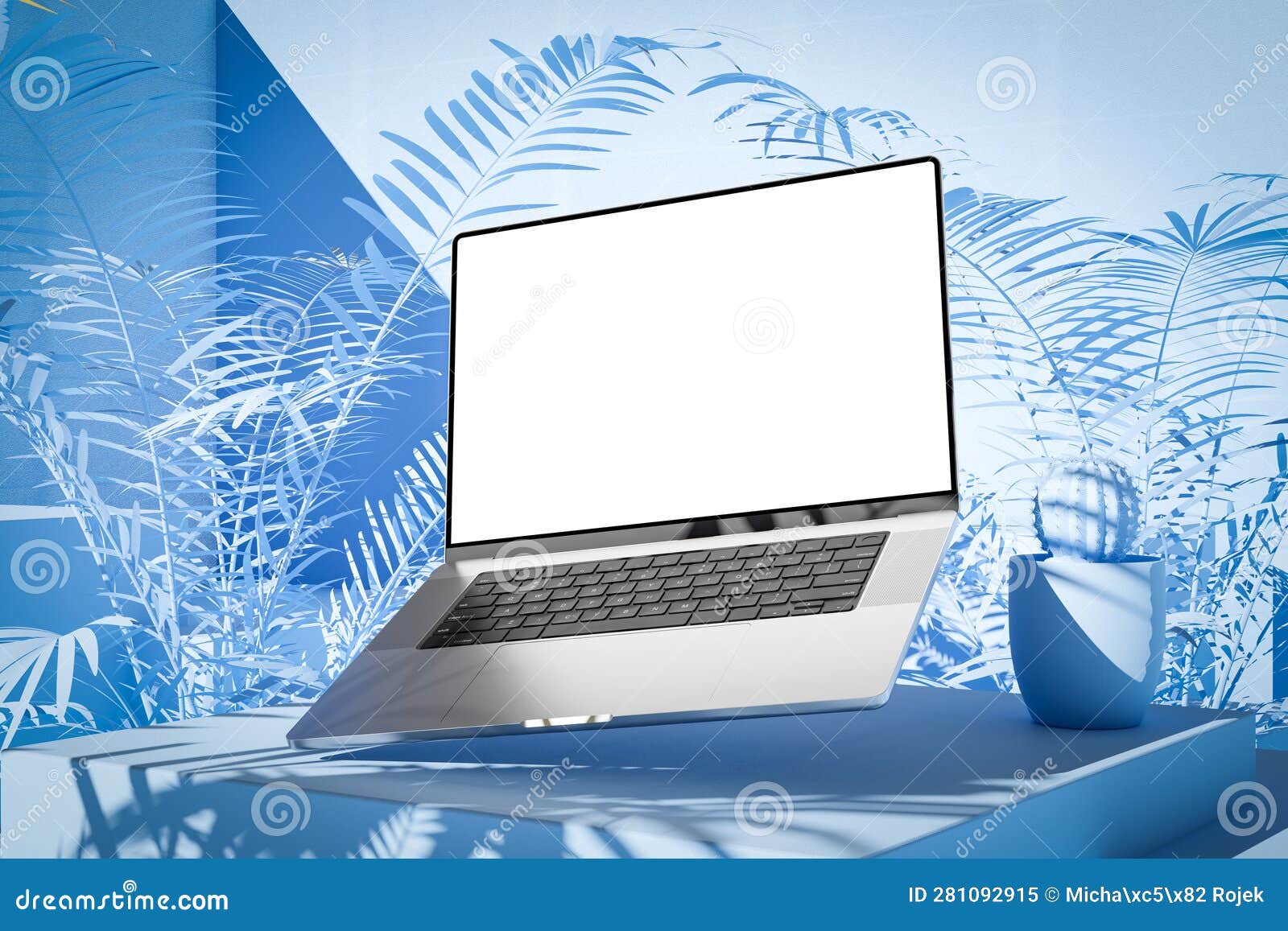 Laptop with an Empty Screen on an Blue Abstract Background with Cubes ...