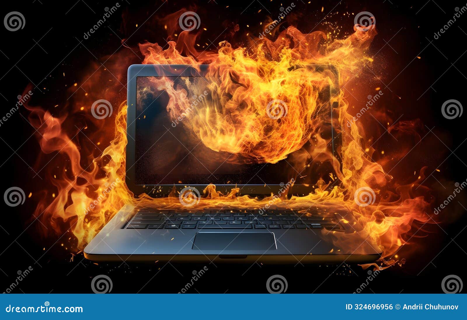 Laptop engulfed in flames stock illustration. Illustration of intense ...