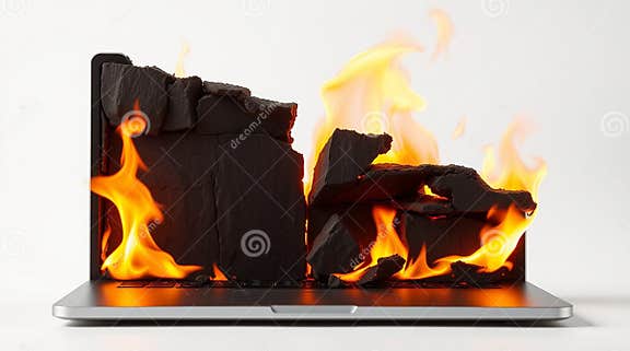 Laptop Engulfed in Flames, Charred Remains Visible. a Dramatic Image of ...