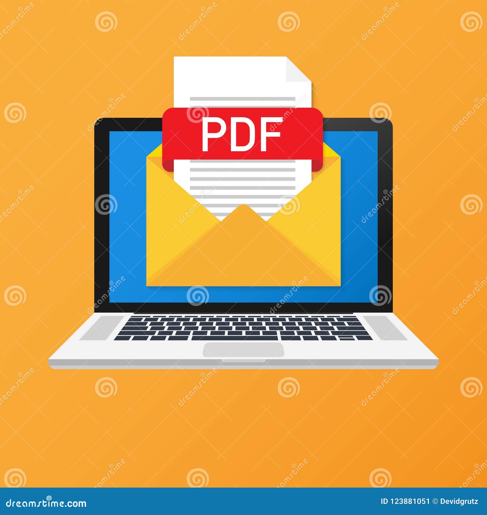 Laptop With Envelope And Pdf File Notebook And Email With File Attachment Pdf Document Vector