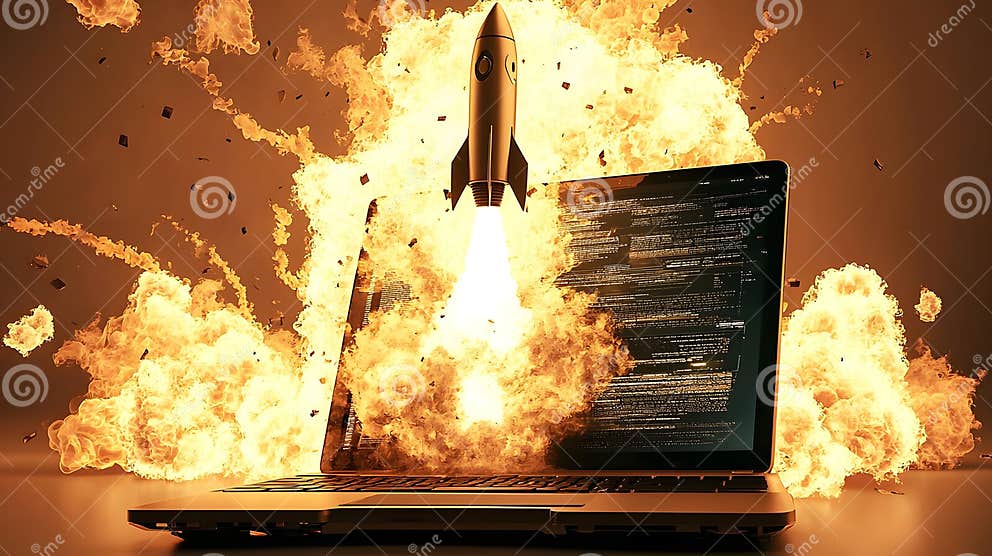 Laptop Exploding with a Rocket Launch Effect Stock Image - Image of ...