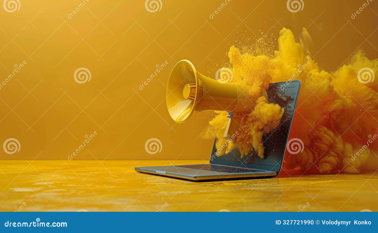 Laptop Explosion with Yellow Megaphone Bursting through Screen, Vivid ...