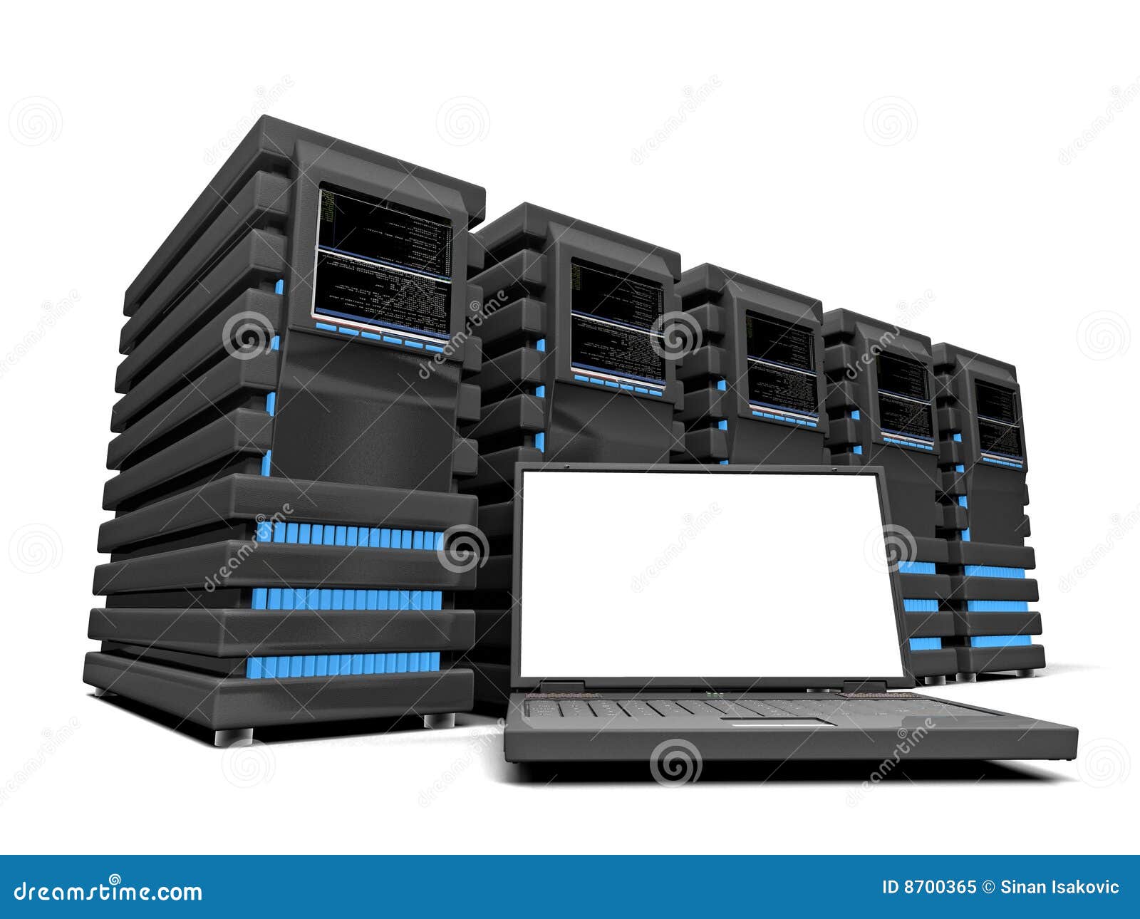Laptop and few servers stock illustration. Illustration of connectivity ...