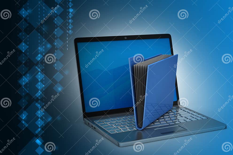Laptop with file folder stock illustration. Illustration of digital ...