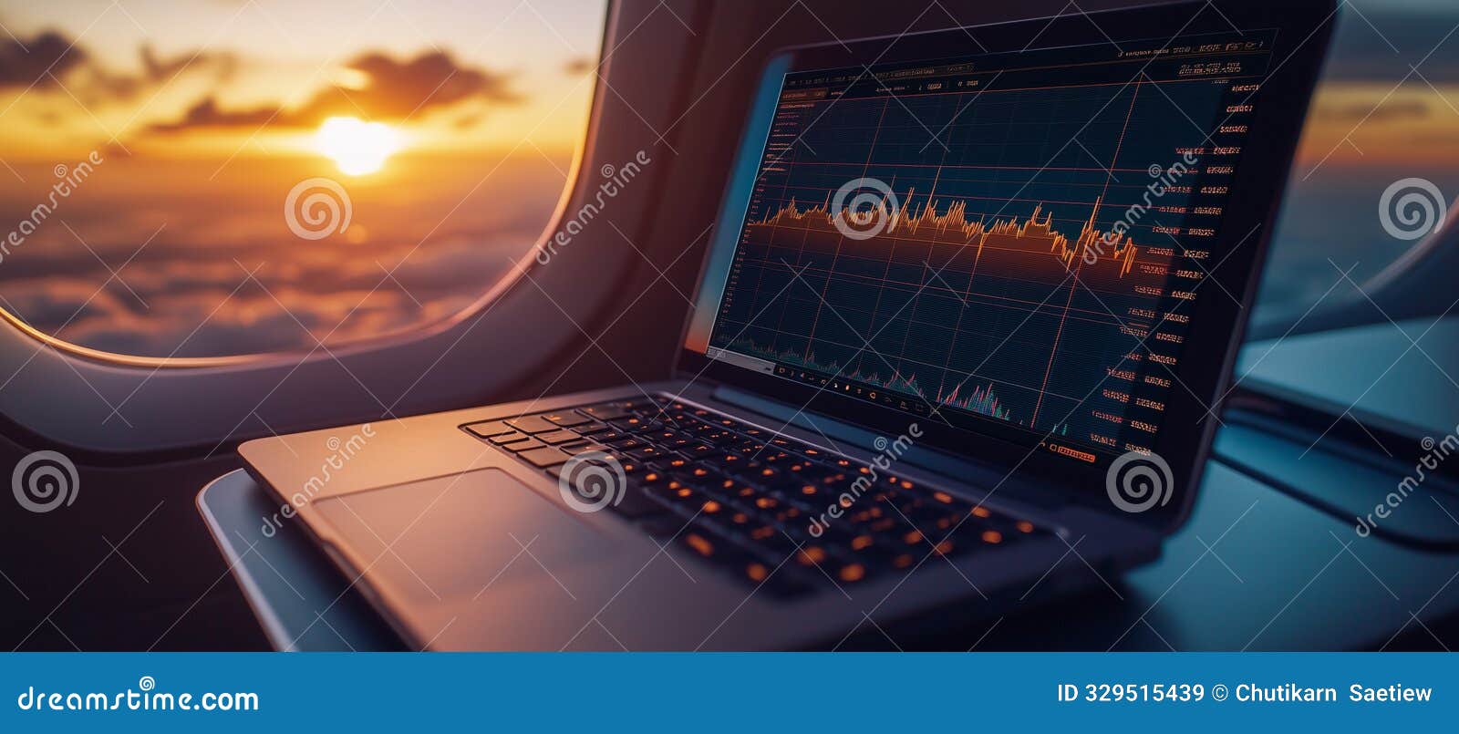 Laptop with Financial Chart on Airplane Tray Table during Sunset Flight ...