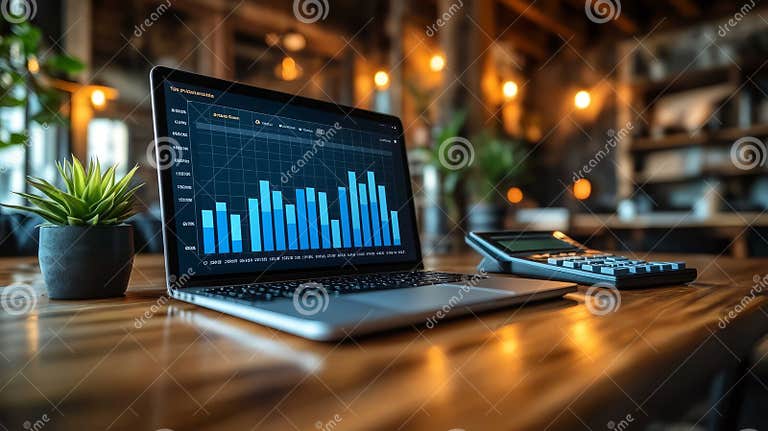 Laptop with Financial Graph on Screen in a Cozy Workspace Setting Stock Illustration ...