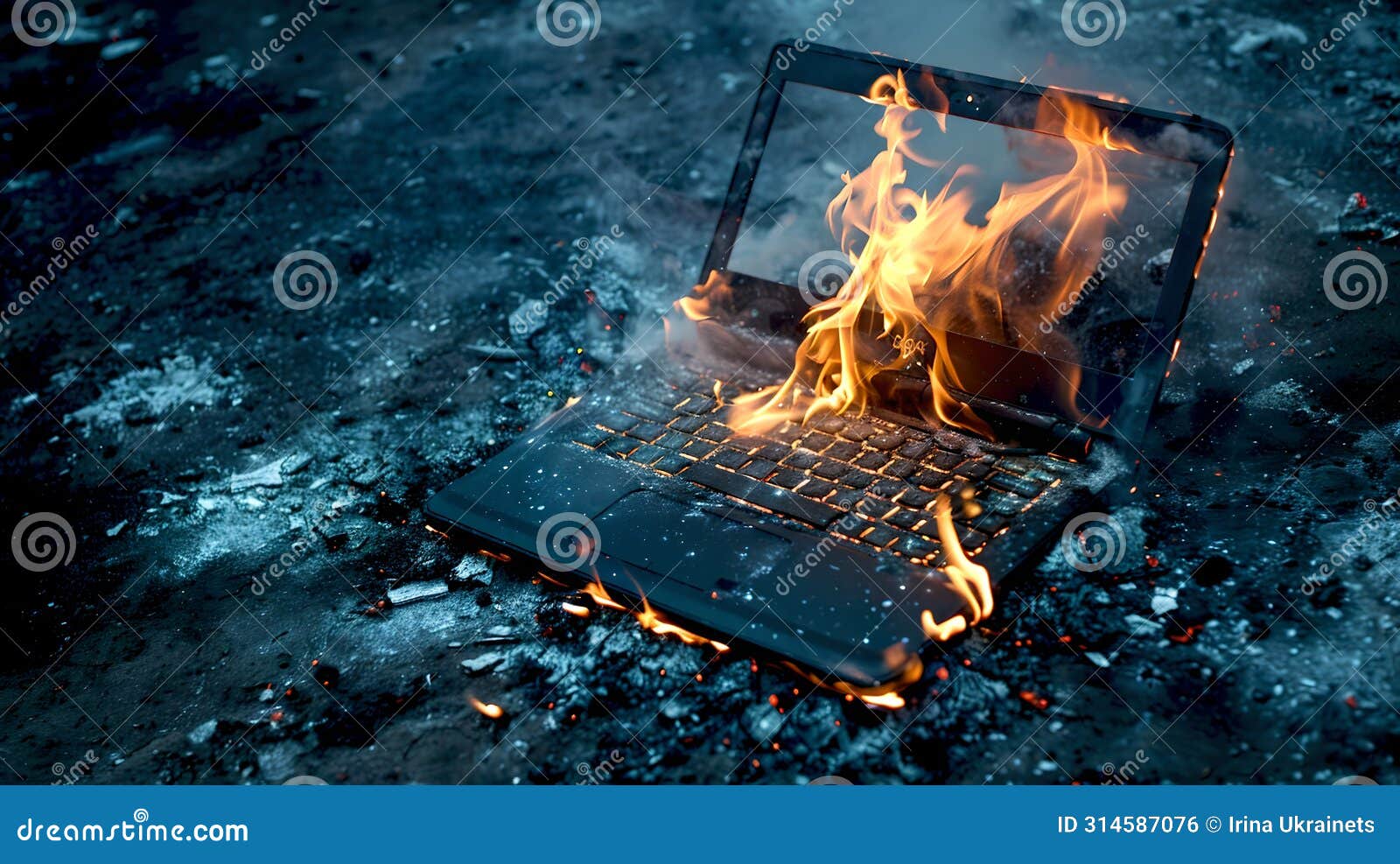 Laptop on Fire in a Dark Atmosphere, Symbolizing Data Loss or ...
