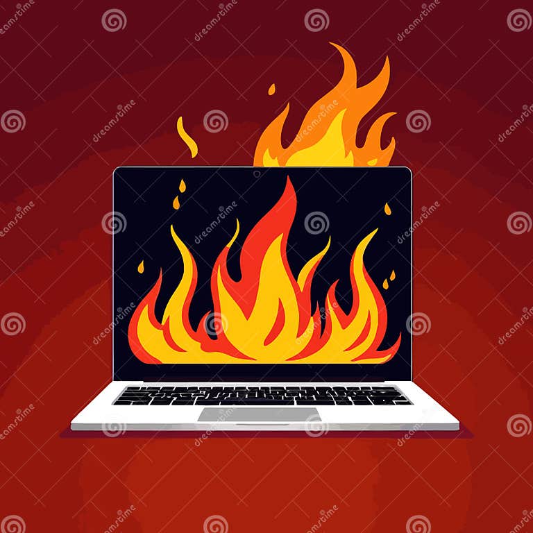 Laptop on Fire, Indicating Computer Overheating and Failure, Vector ...