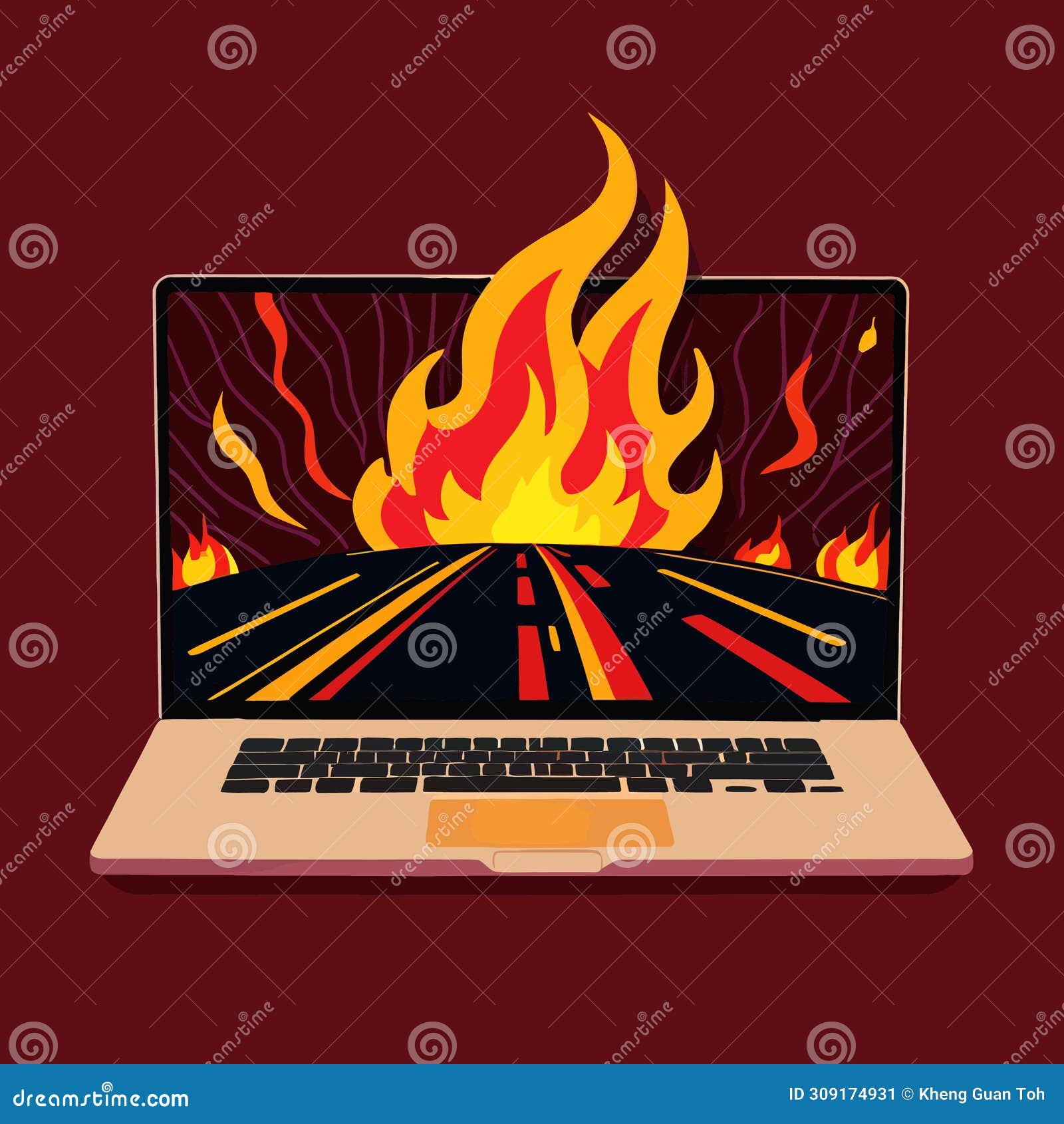 Laptop on Fire, Indicating Computer Overheating and Failure, Vector ...