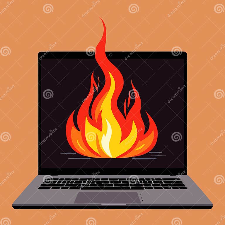 Laptop on Fire, Indicating Computer Overheating and Failure, Vector ...