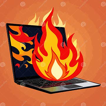 Laptop on Fire, Indicating Computer Overheating and Failure, Vector ...
