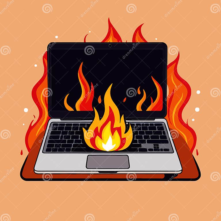 Laptop on Fire, Indicating Computer Overheating and Failure, Vector ...