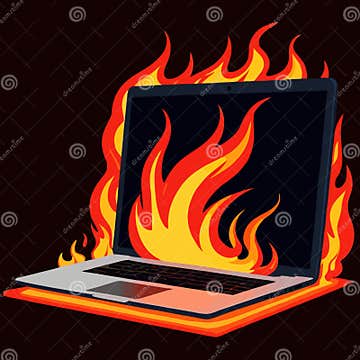 Laptop on Fire, Indicating Computer Overheating and Failure, Vector ...