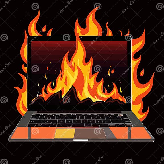 Laptop on Fire, Indicating Computer Overheating and Failure, Vector ...