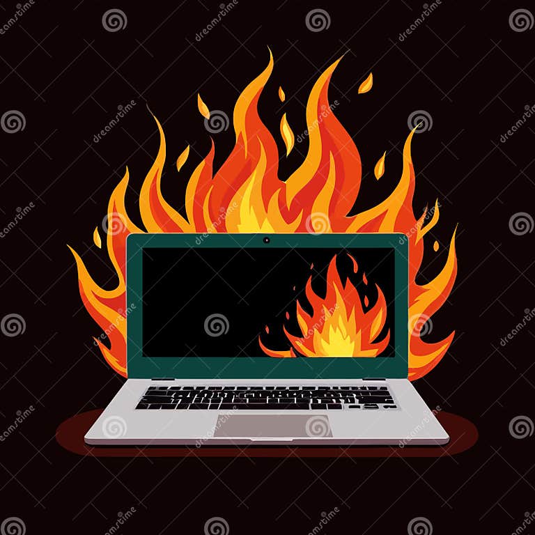 Laptop on Fire, Indicating Computer Overheating and Failure, Vector ...