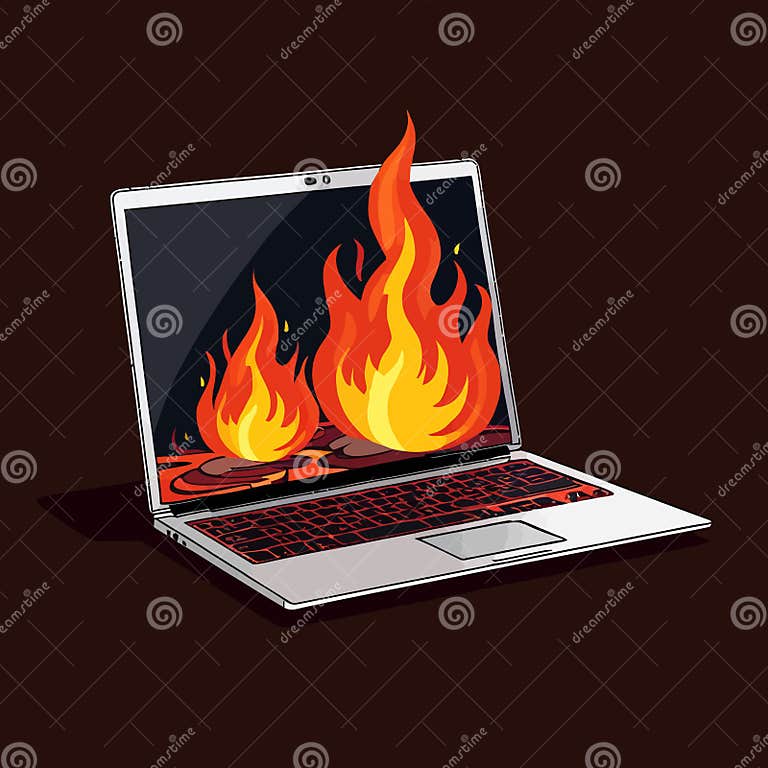 Laptop on Fire, Indicating Computer Overheating and Failure, Vector ...