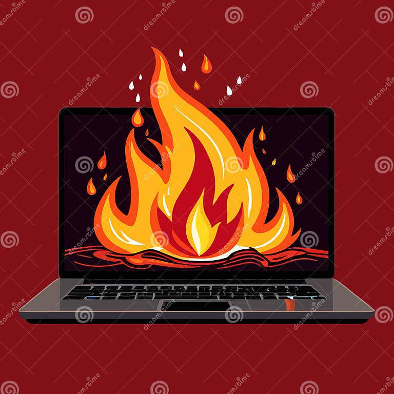 Laptop on Fire, Indicating Computer Overheating and Failure, Vector ...