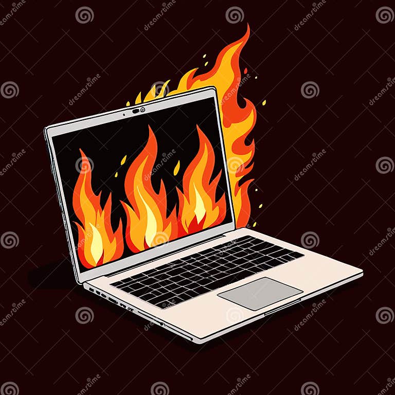 Laptop on Fire, Indicating Computer Overheating and Failure, Vector ...
