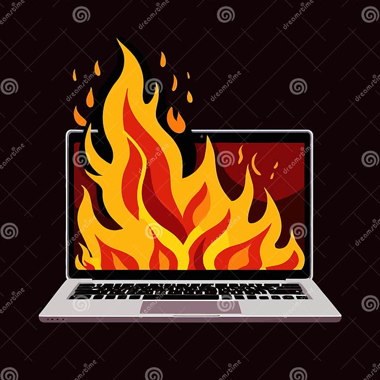Laptop on Fire, Indicating Computer Overheating and Failure, Vector ...