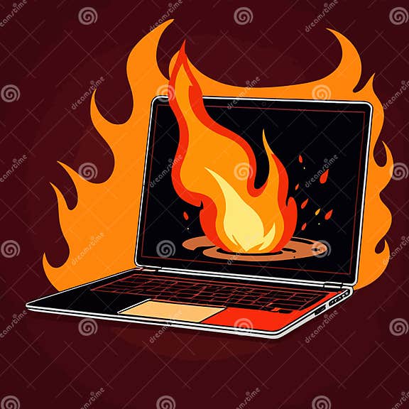 Laptop on Fire, Indicating Computer Overheating and Failure, Vector ...