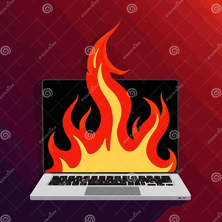 Laptop on Fire, Indicating Computer Overheating and Failure, Vector ...