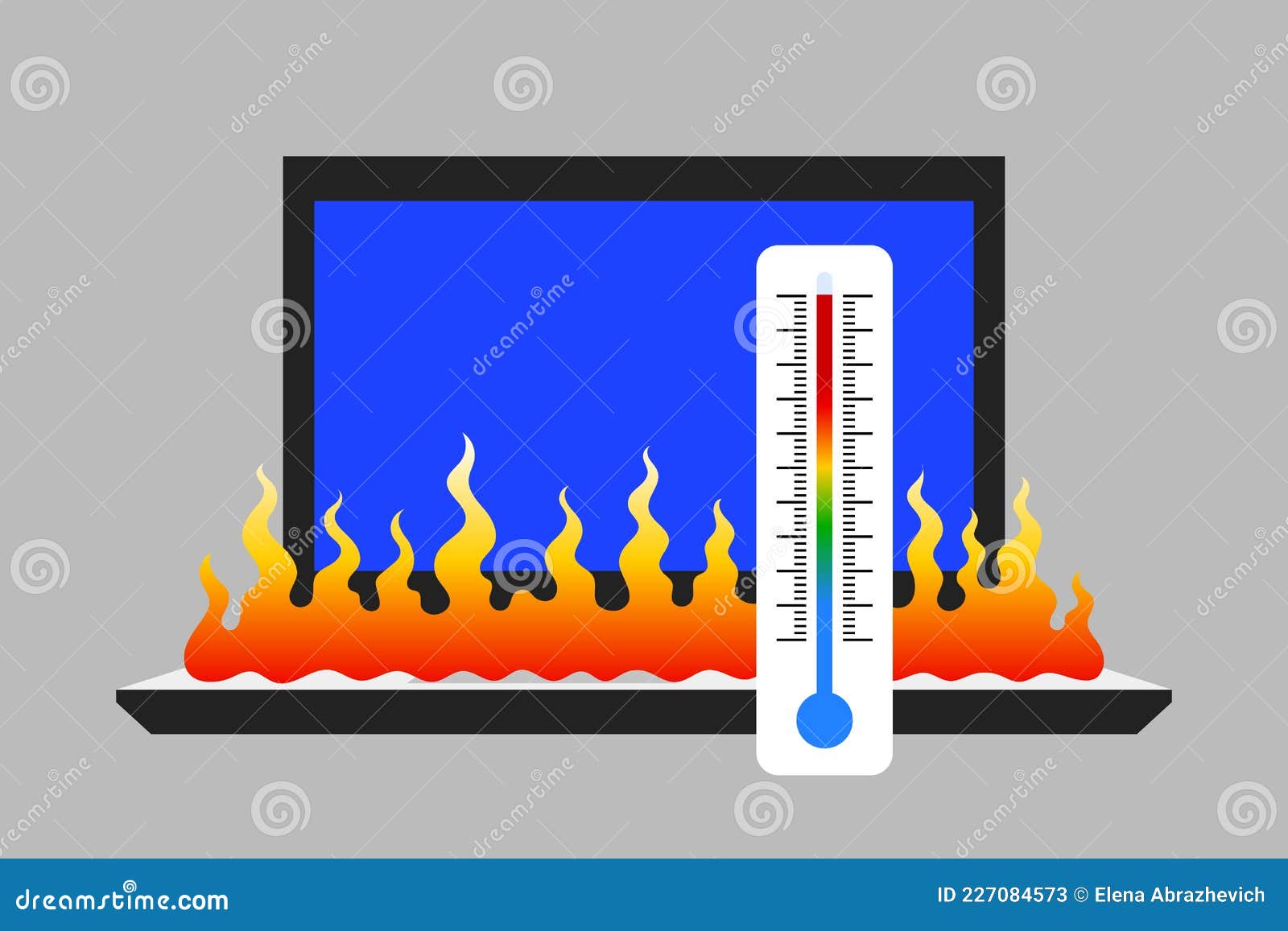 Laptop With Flame And Thermometer Displaying High Temperature Cartoon ...