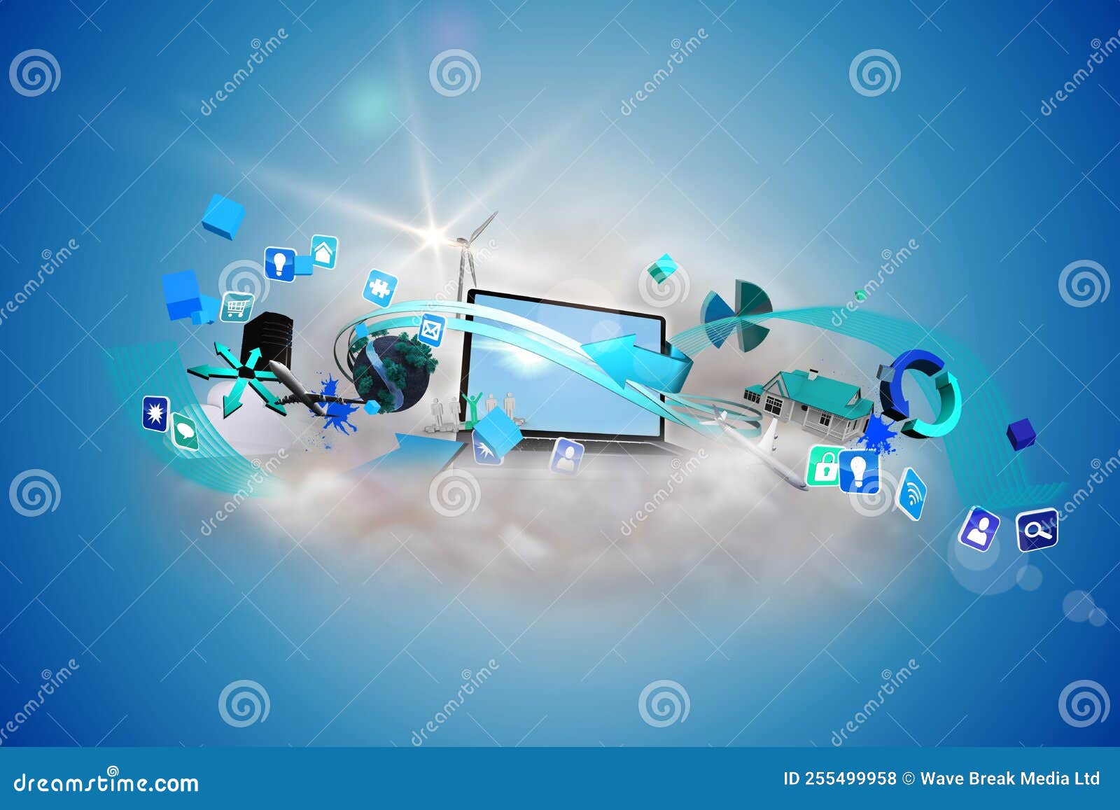 Laptop on a Floating Cloud with App Icons Stock Illustration ...