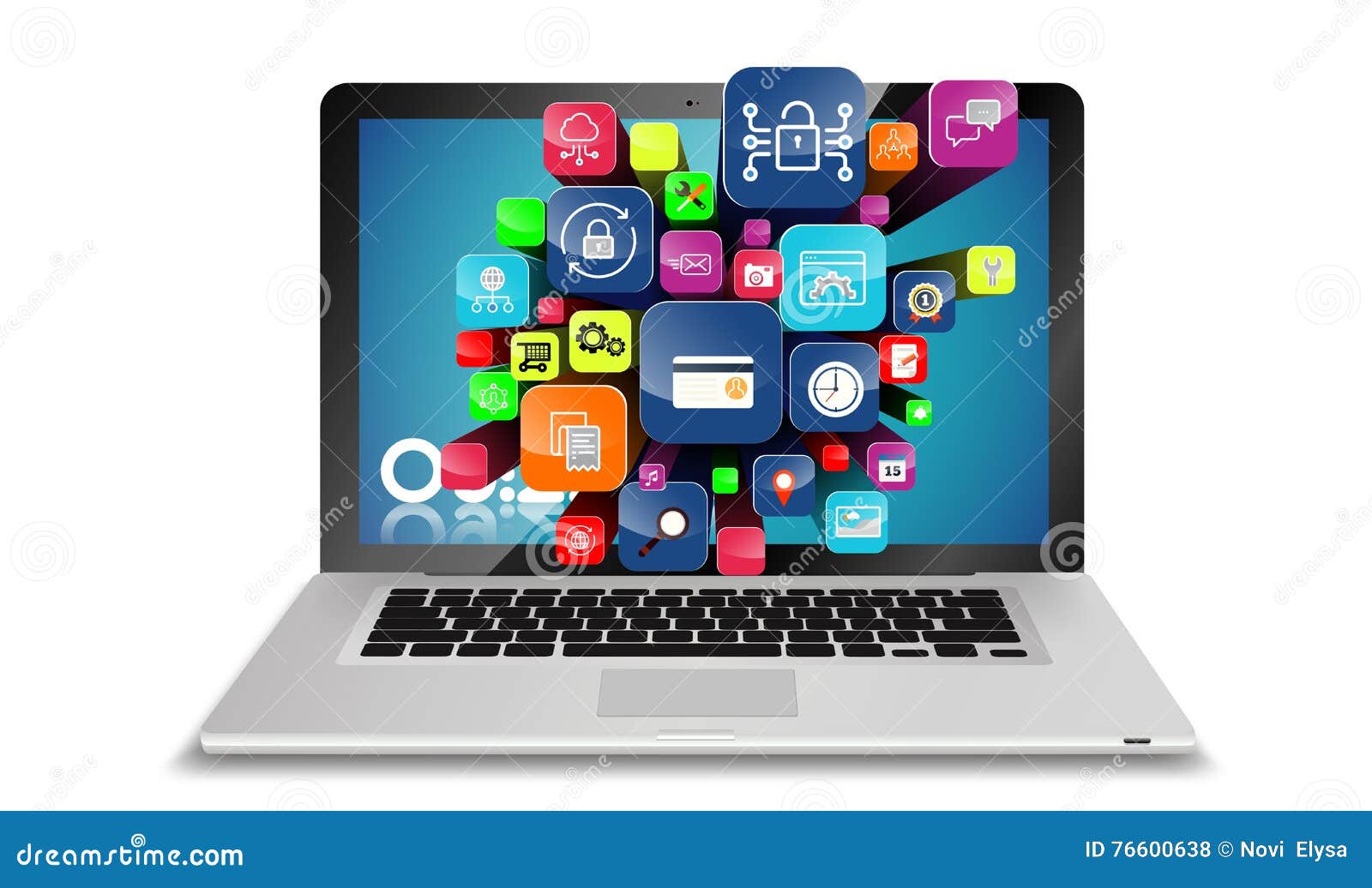Laptop with Flying Application Icons. 3D Illustration Stock Vector ...