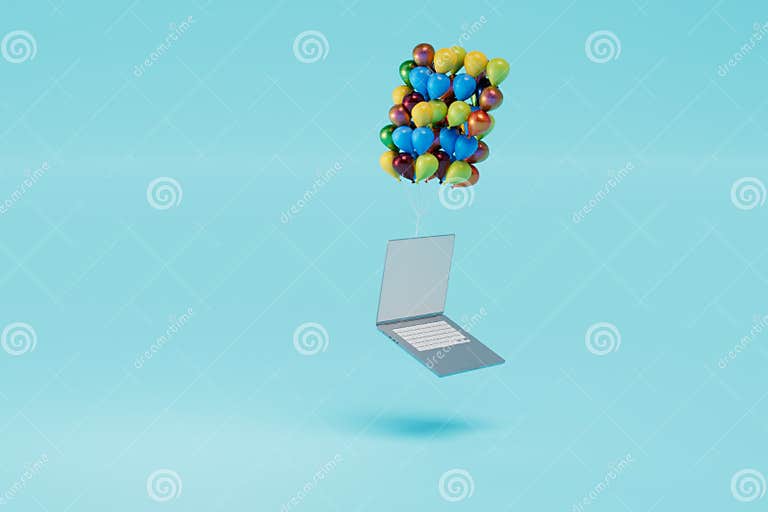 A Laptop Flying Away on Multi-colored Balloons. Copy Paste, Copy Space ...