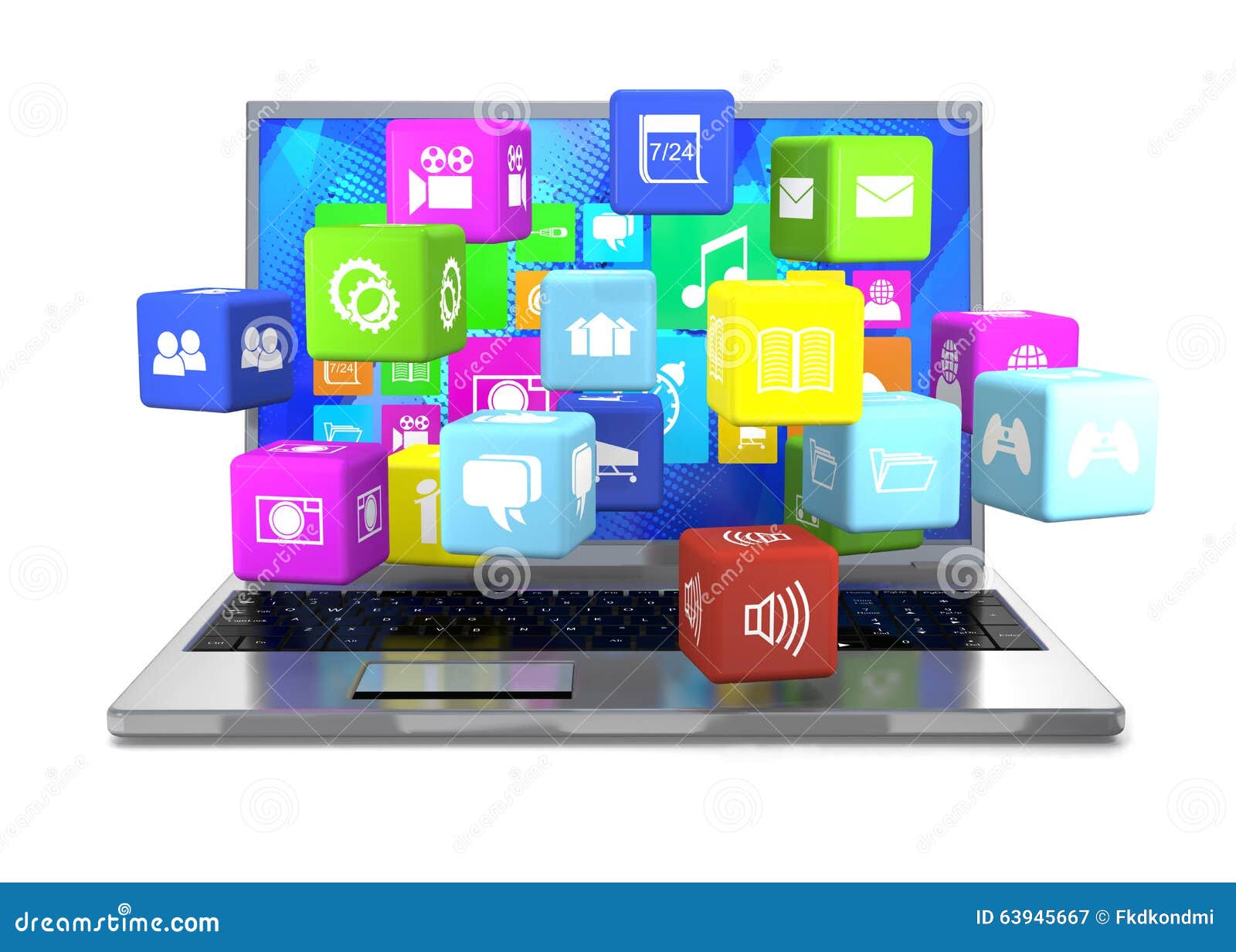 Laptop and Flying Cubes with Icons (front View). Stock Illustration ...