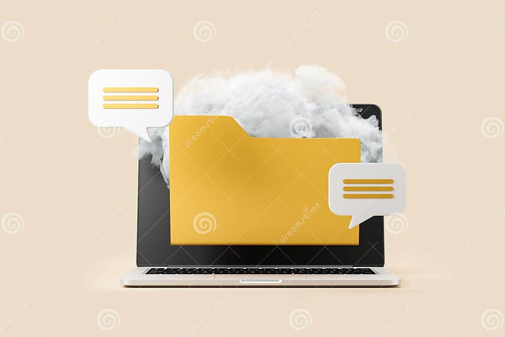 Laptop with Folder and Cloud on Beige Background Stock Illustration ...