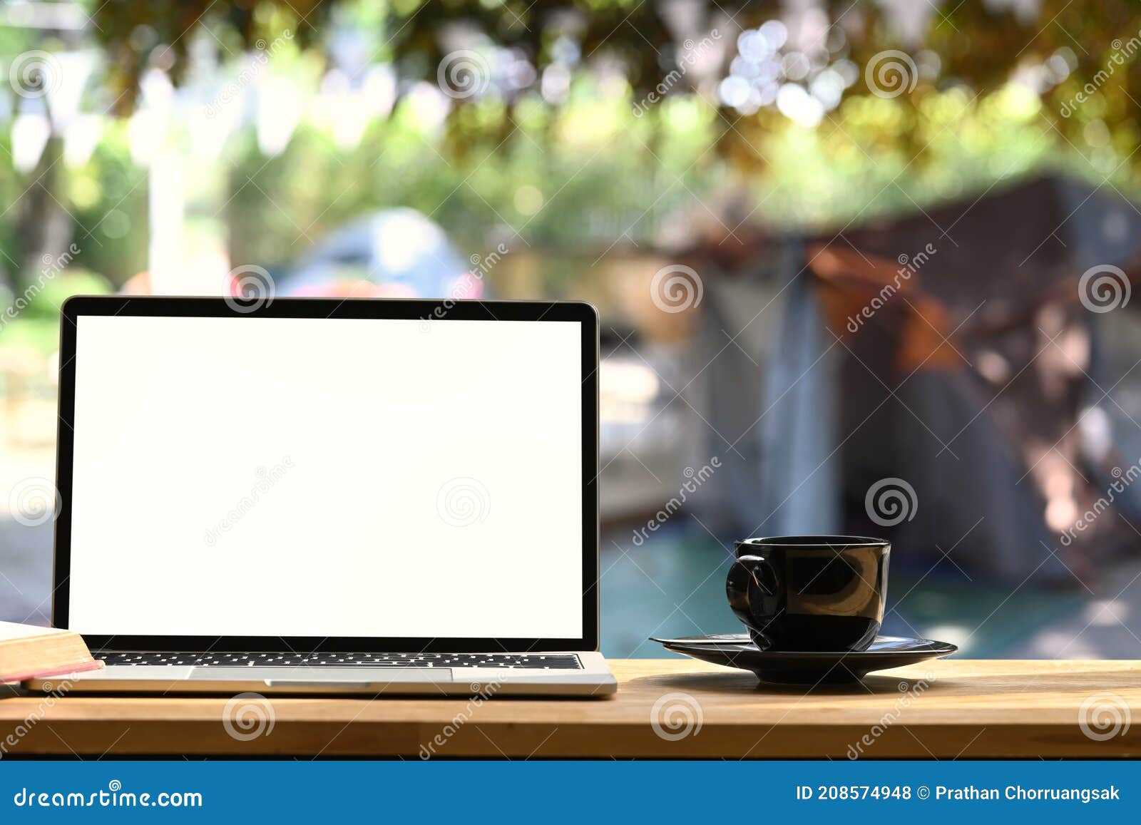 Laptop on Folding Picnic Table Near Camp Tent Outdoors. Stock Photo ...