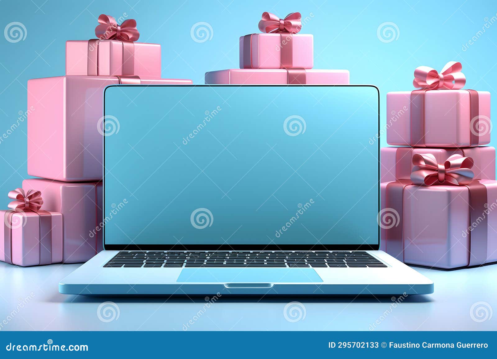 Laptop with Gift Boxes on Blue Background. 3D Rendering. Shopping ...