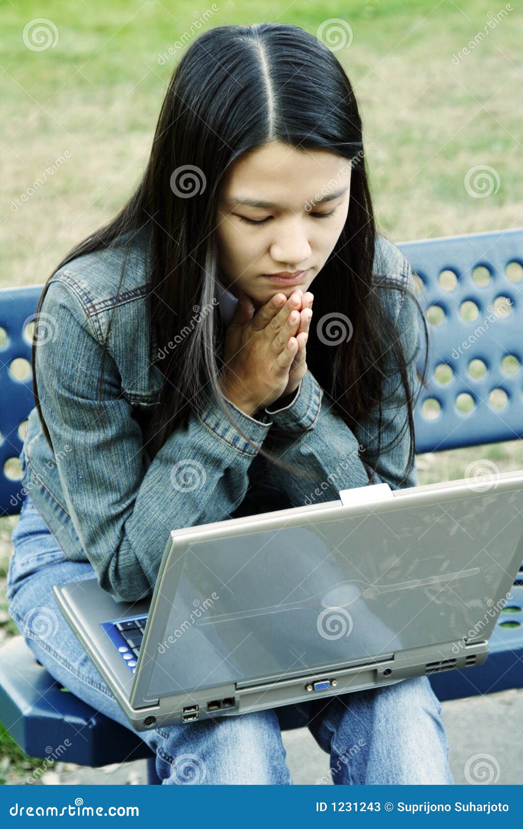 Laptop girl stock image. Image of women, bench, laptop - 1231243