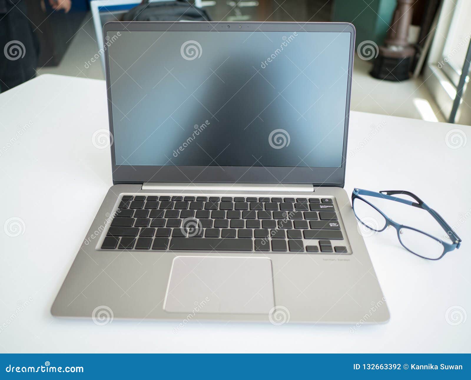The Laptop and Glasses Put on the Table Stock Photo - Image of notebook ...