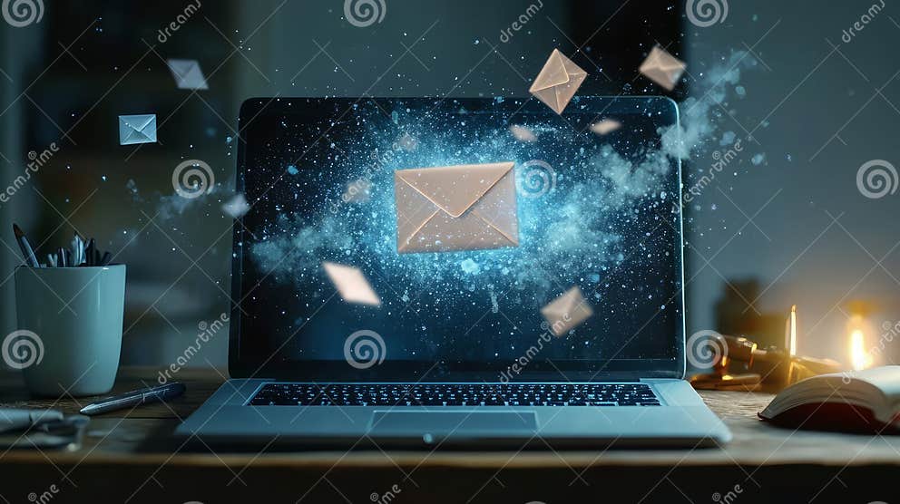 A Laptop Glowing with Digital Envelopes Representing Email Communication Stock Illustration ...