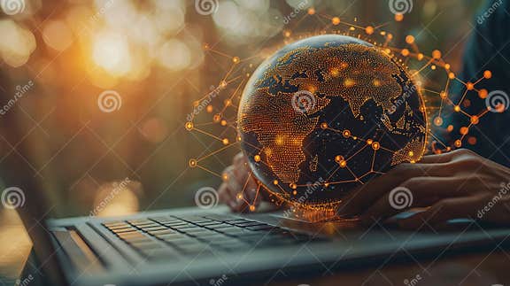 Laptop with Glowing Globe and Coding Screen on Wooden Table Stock Image - Image of design ...