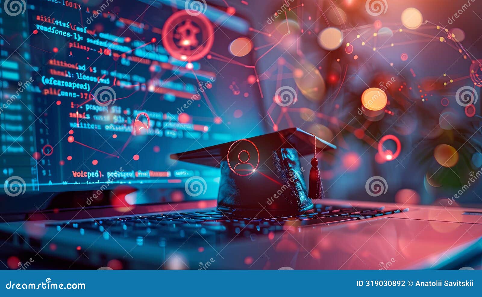 A Laptop with a Graduation Cap Placed on Its Top, Symbolizing Online ...