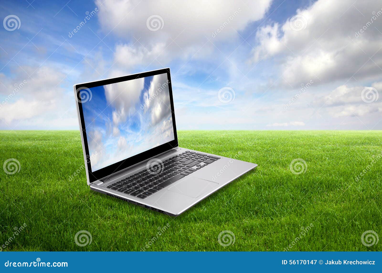 Laptop on green grass stock image. Image of cloud, computer - 56170147